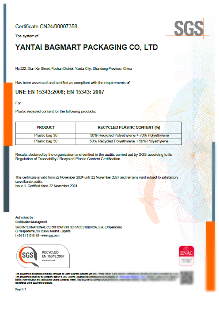 祝贺|烟台白马包装有限公司获得SGS首个EN15343再循环塑料认证